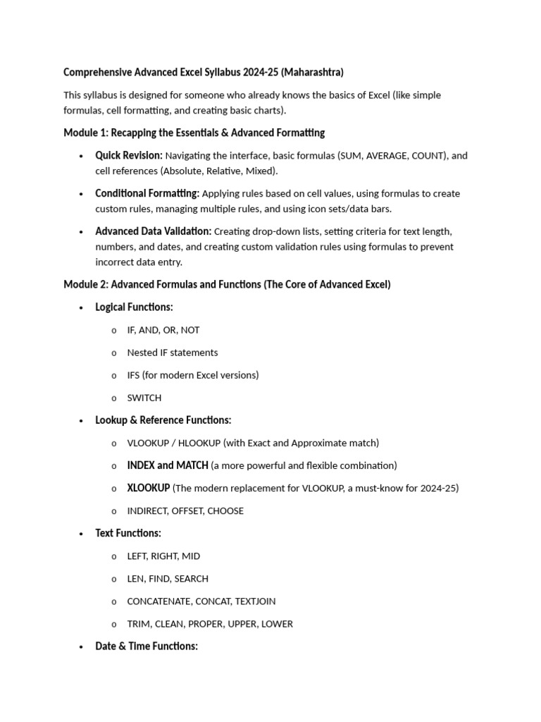 Comprehensive Advanced Excel Syllabus 2024 | PDF | Microsoft Excel | Visual Basic For Applications