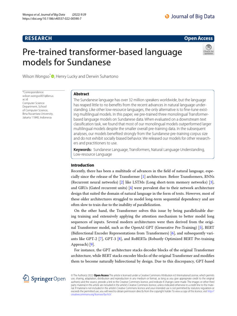 Pre-Trained Transformer-Based Language Models For Sundanese | PDF | Learning | Machine Learning