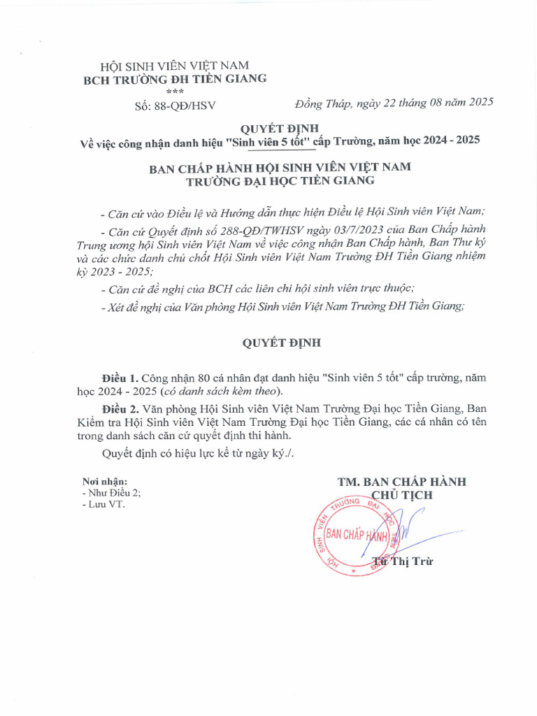 DHTG - Quyet Dinh Cong Nhan Sv5t Cap Truong Nam Hoc 2024-2025 | PDF