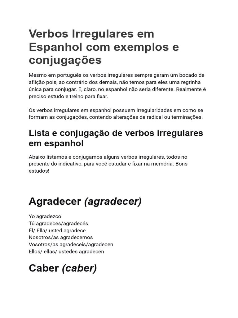 Verbos Irregulares em Espanhol Com Exemplos e Conjugações | PDF