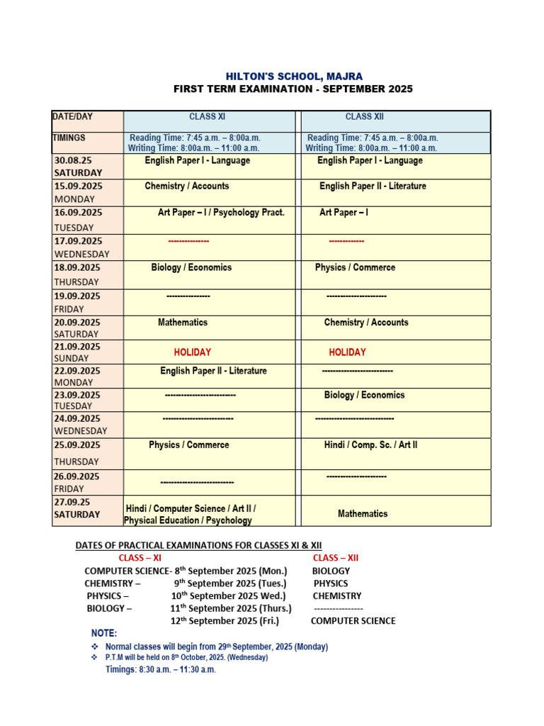 First Term Exam - Time Table 2025 (Xi & Xii) | PDF