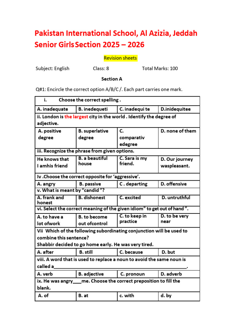 English Revision Sheets for Class 8 | PDF | Adjective | English Language