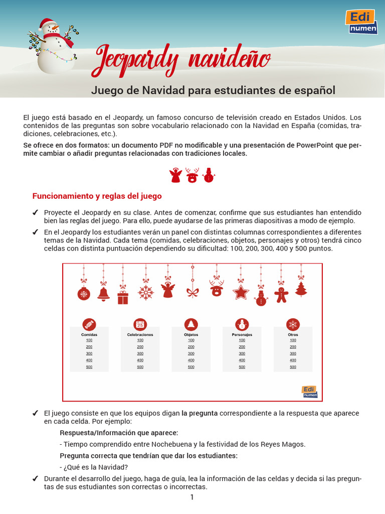 Juego de Navidad en español: Jeopardy educativo | PDF | Reyes Magos ...