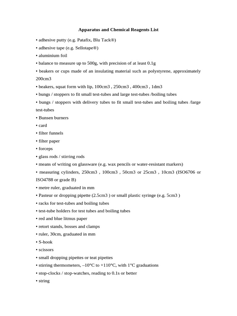 Apparatus and Chemical Reagents List | PDF | Sodium | Chemical Substances