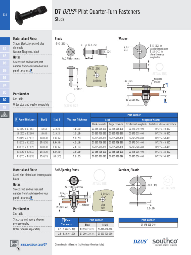 D7 DZUS Studs (Pilot Quarter-Turn Fasteners) | PDF | Washer (Hardware ...