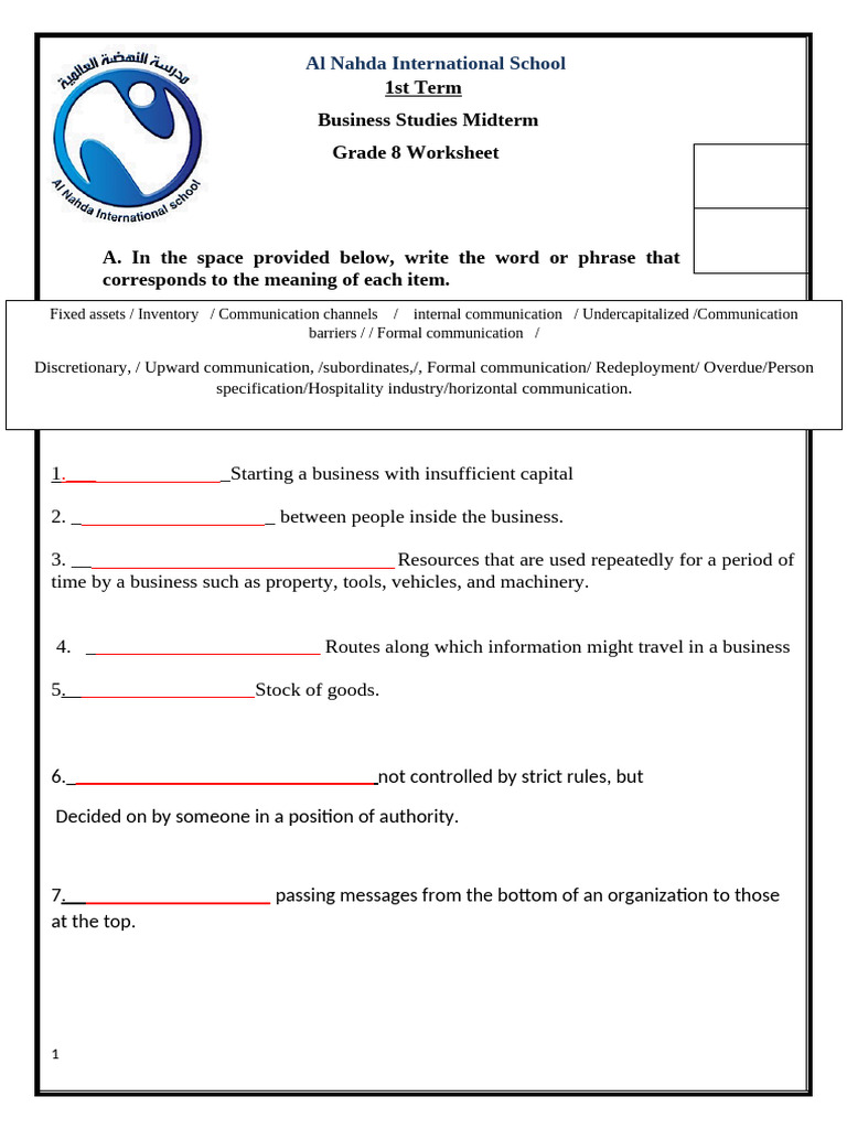 Business 8 Worksheet Without Answers | PDF | Communication | Economies
