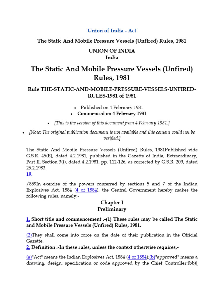 Static and Mobile (Unfired) Pressure Vessel Rules, 1981 | PDF | Valve ...