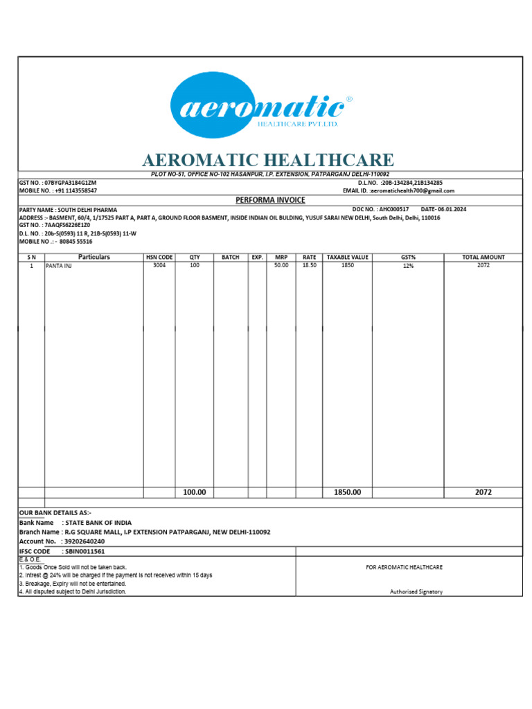 Invoice for South Delhi Pharma | PDF