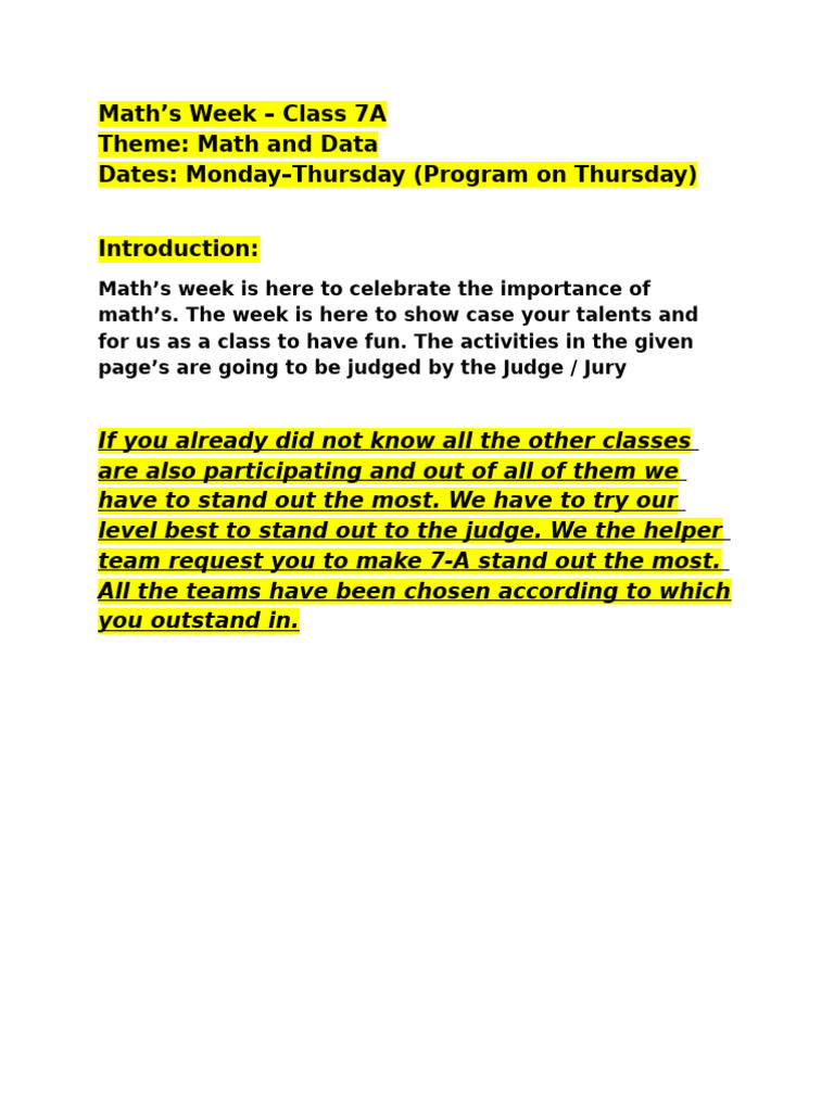 Math's Week Student Role's | PDF