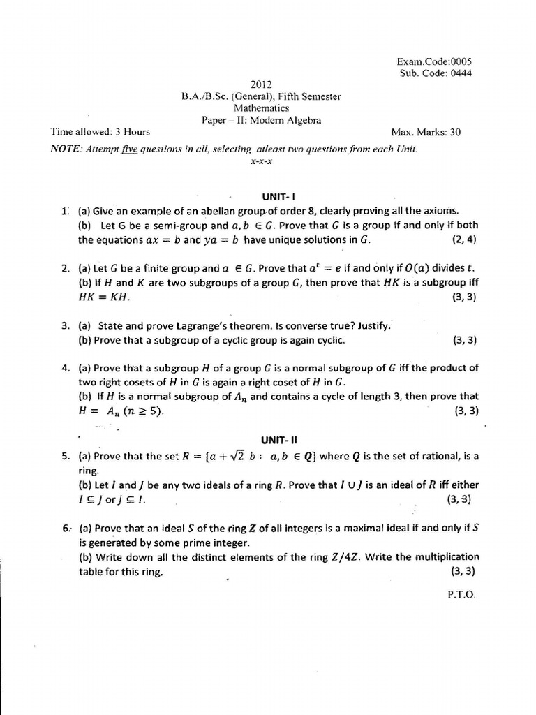 B.A B.SC General - 5th Sem - Mathematics - Paper - II - Modern Algebra ...