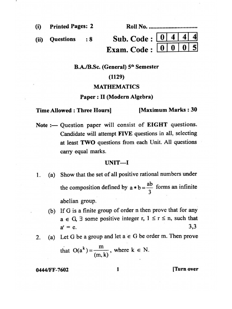 B.A B.SC General 5th Sem Mathematics Modern Algebra Dec 2019 | PDF