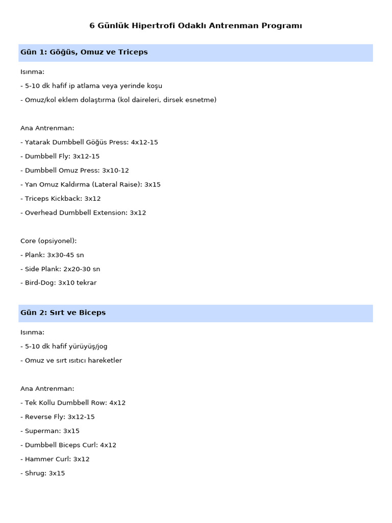 6 Gunluk Hipertrofi Programi | PDF