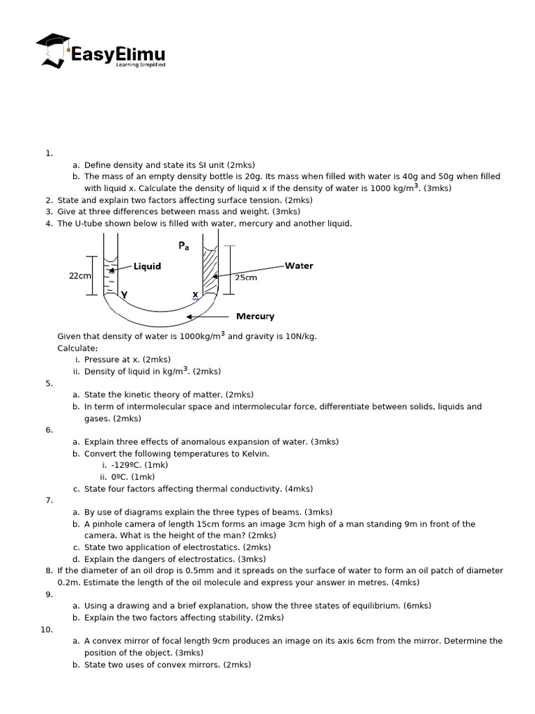 Physics Form 2 Term 3 Exam and Answers | PDF | Liquids | Density