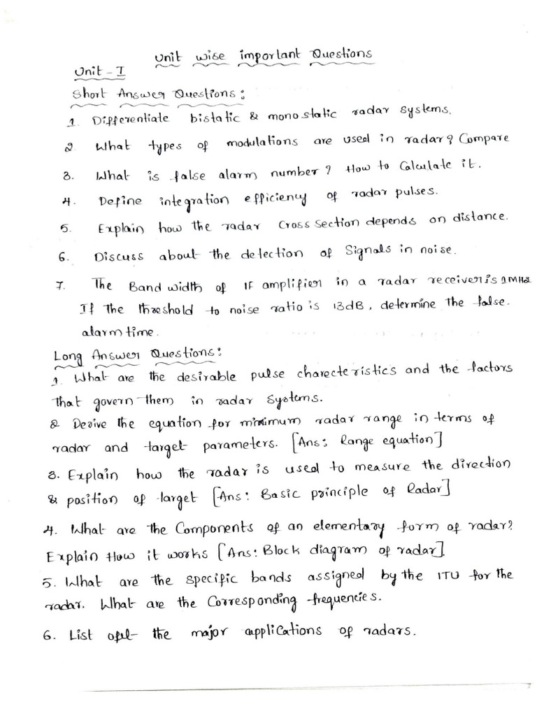 Radars Unitwise Important Questions | PDF
