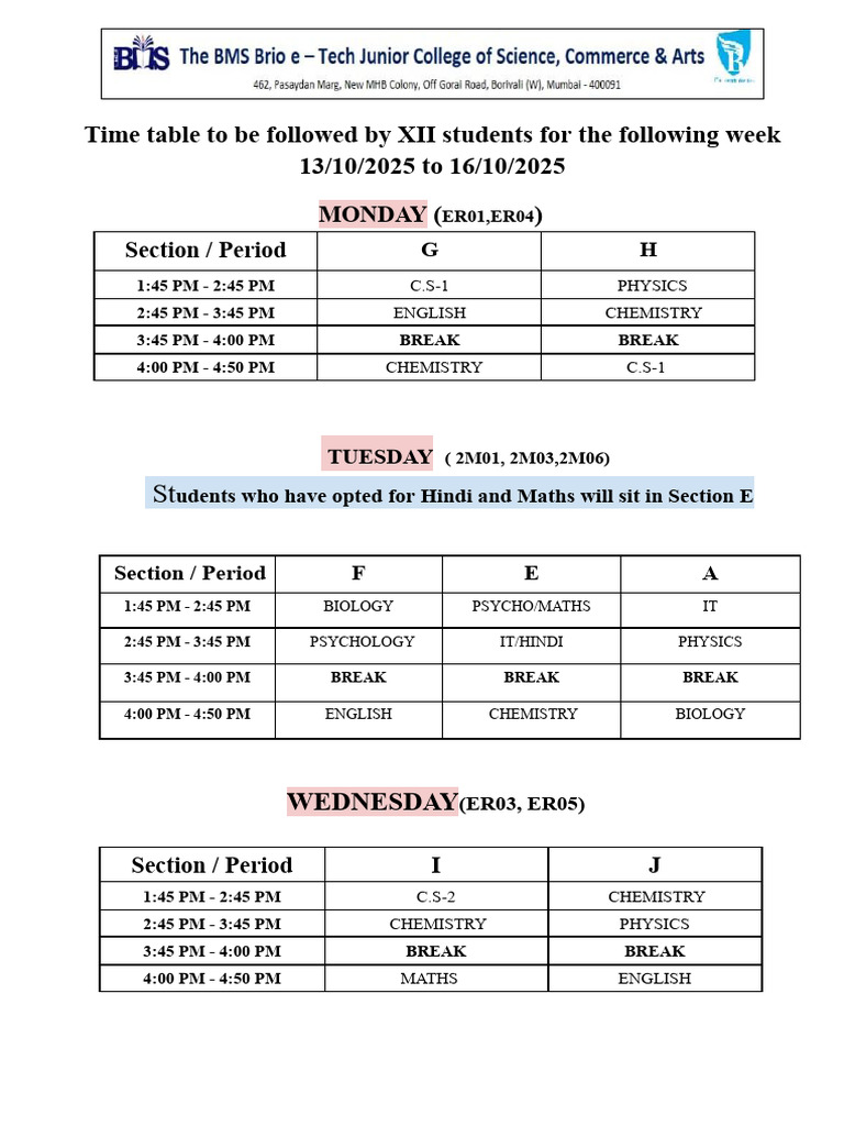 XII Weekly Timetable: 13-16 Oct 2025 | PDF