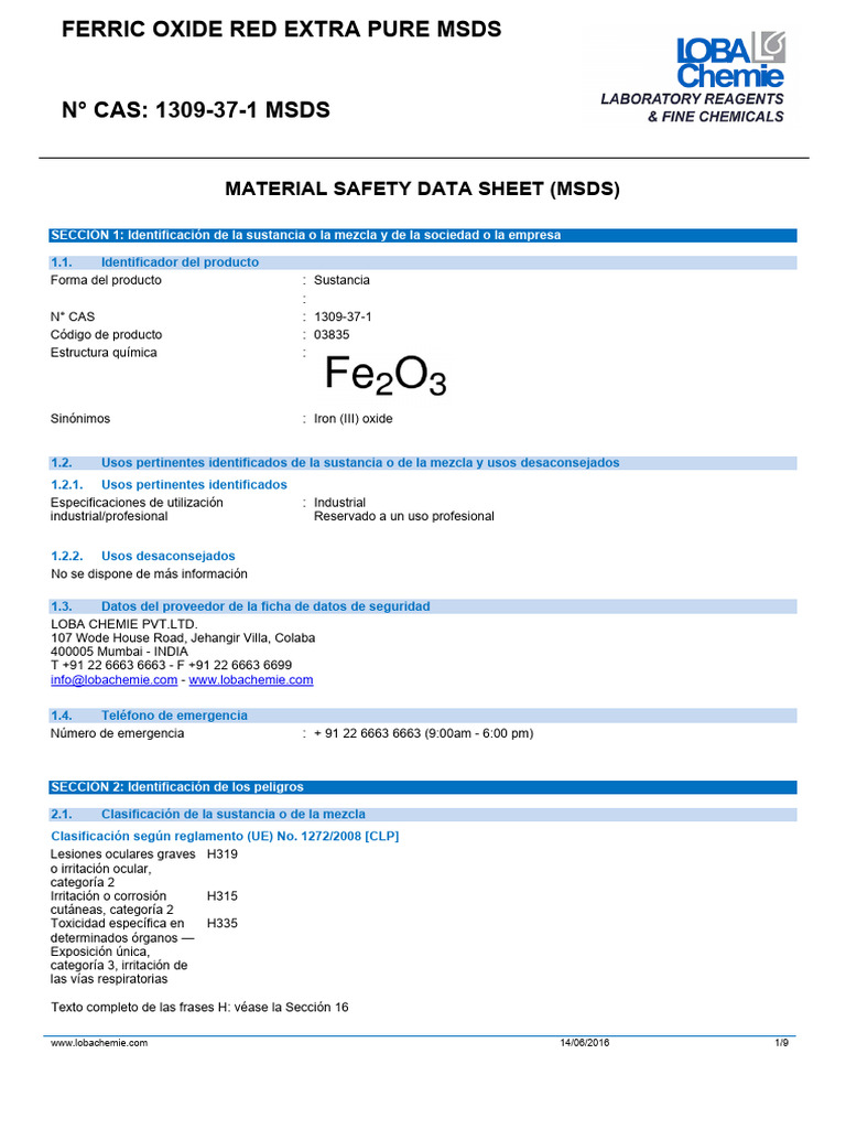 Ferric Oxide Red Extra Pure MSDS - Cas 1309-37-1 MSDS | PDF | Primeros ...