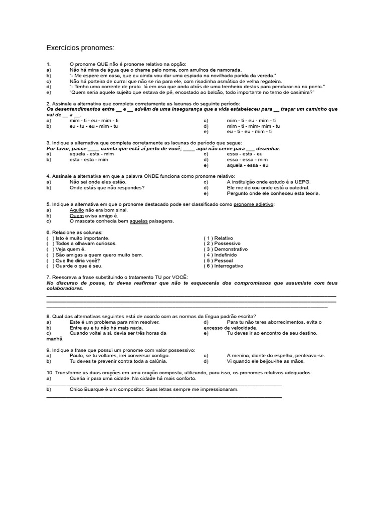 Exercícios pronomes 2 (3) | PDF | Pronome | Famílias linguísticas