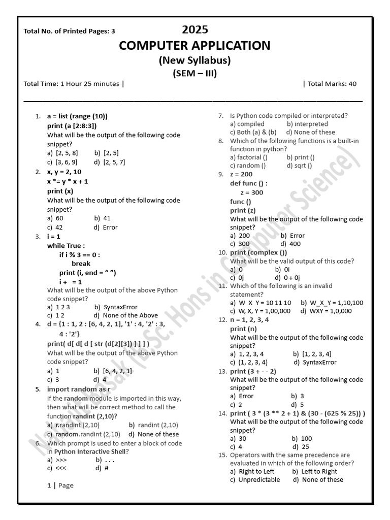Python QuestionPaper Sem-III WBCHSE | PDF | Computer Science | Software ...