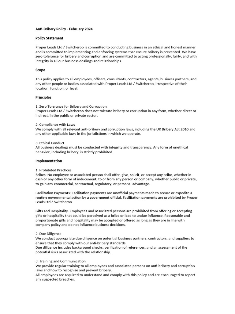 Anti-Bribery Policy Overview 2024 | PDF | Bribery | Political Corruption