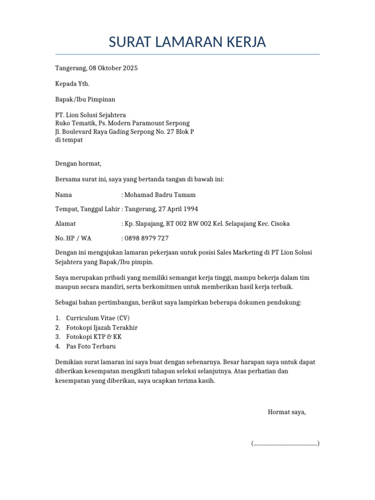Template Surat Lamaran Kerja | PDF