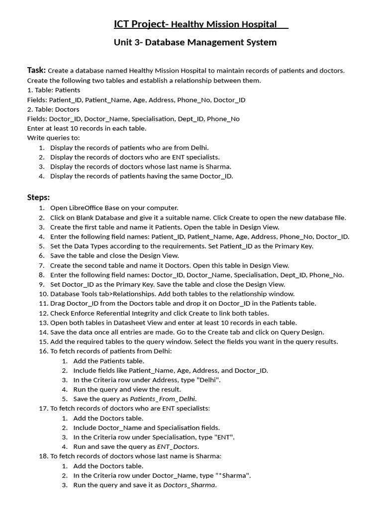 ICT Project - Healthy Mission Hospital - DBMS | PDF | Databases | Information Science