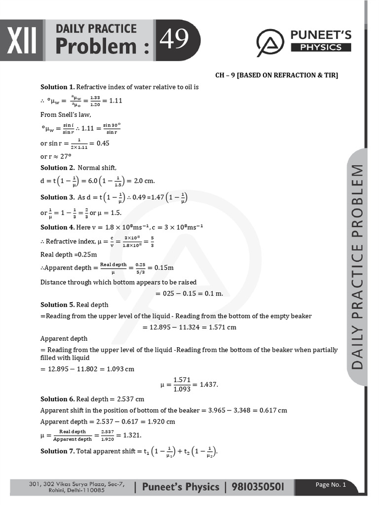 DPP 49 Ray Optics Solution | PDF | Refraction | Atomic