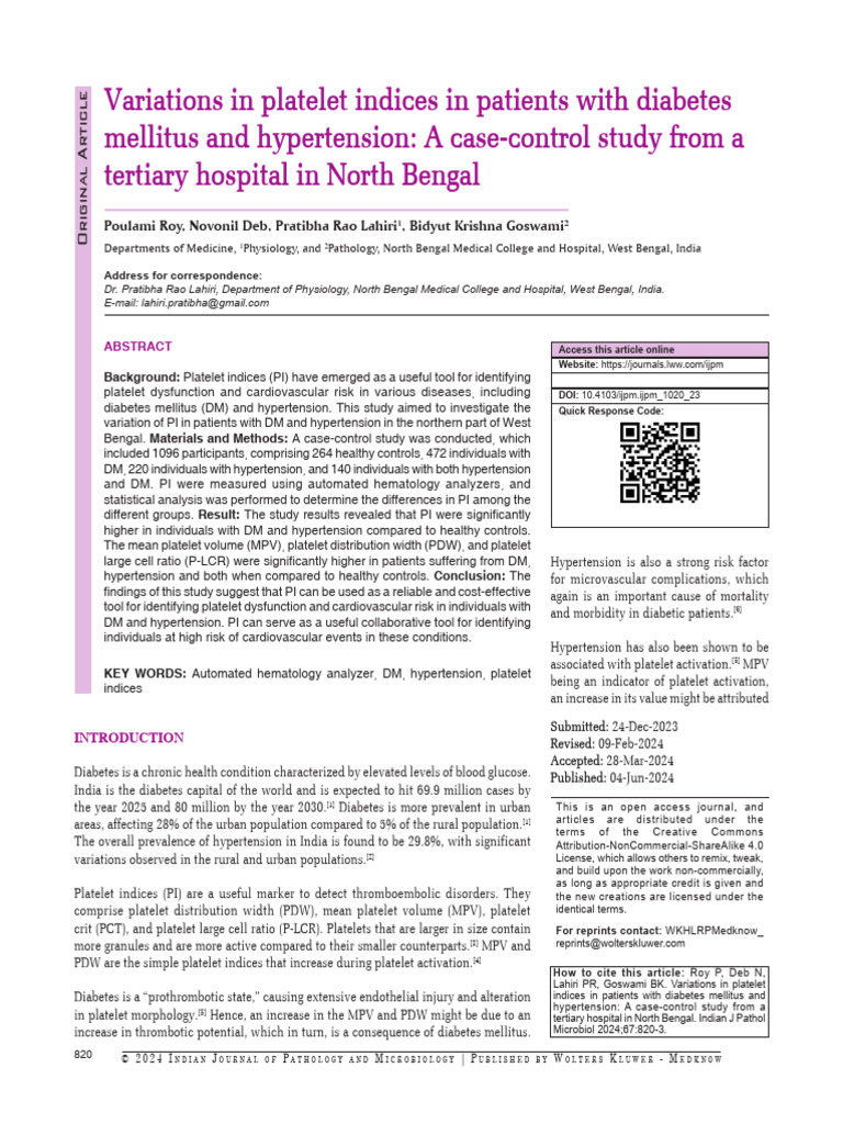 Variations in Platelet Indices in Patients With.15 | PDF | Blood ...