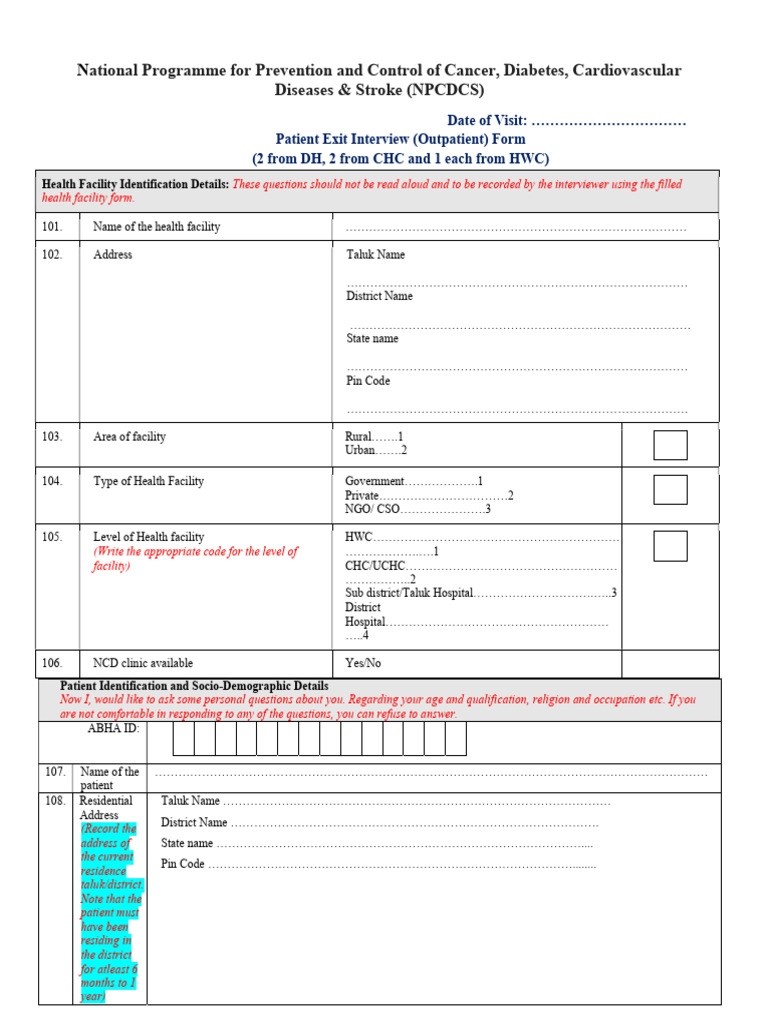 NPCDCS Patient Exit Interview Form | PDF | Hypertension | Diabetes