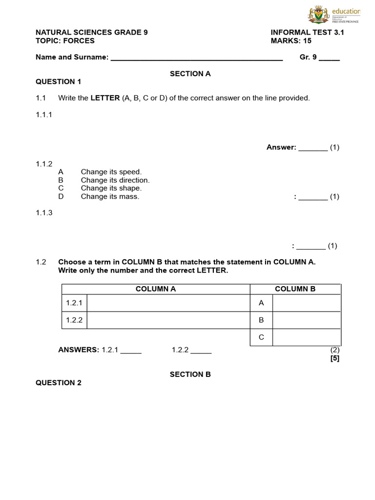 Grade 9 Forces Informal Test 3.1 | PDF | Force | Physical Phenomena