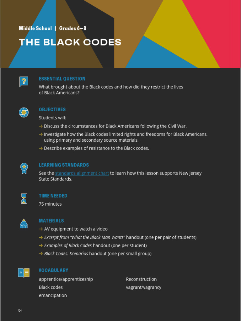 The Black Codes Lesson Plan | PDF | Freedman | Reconstruction Era