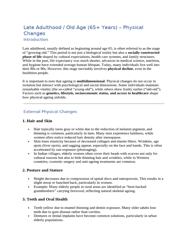 Late Adulthood or Old Age Notes | PDF | Old Age | Ageing