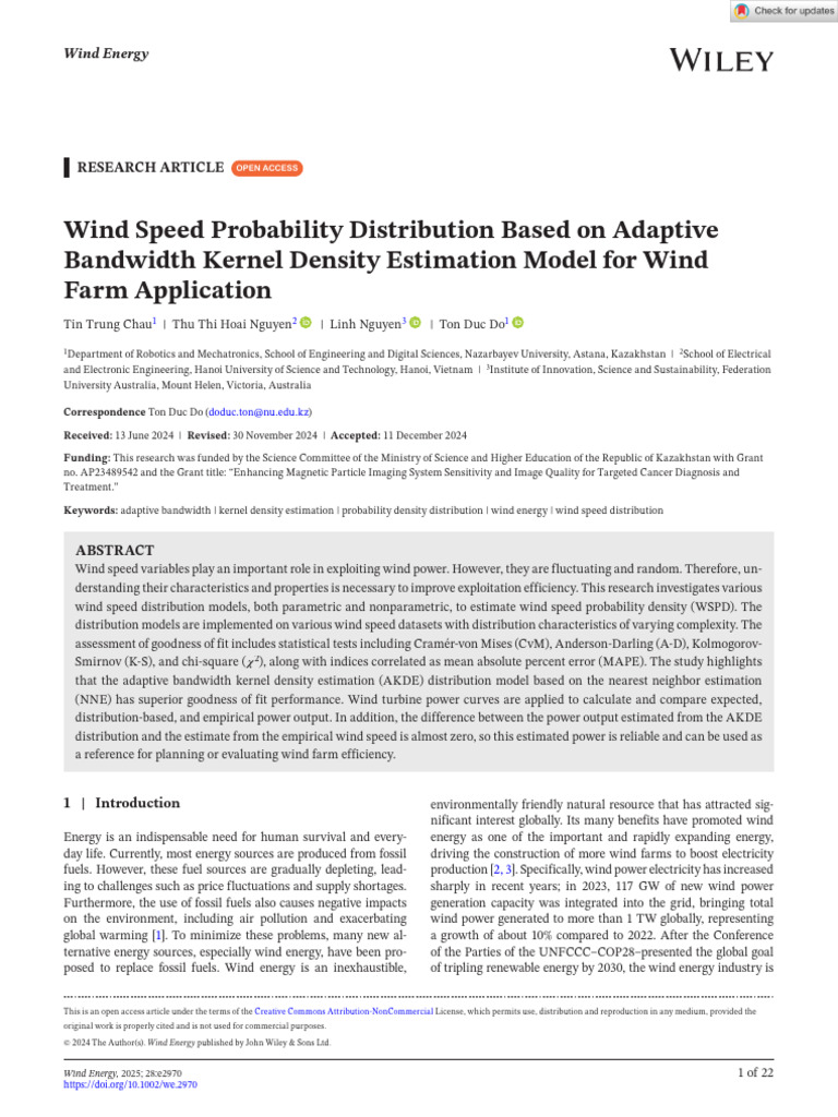 Wind Energy - 2025 - Chau - Wind Speed Probability Distribution Based On Adaptive Bandwidth ...
