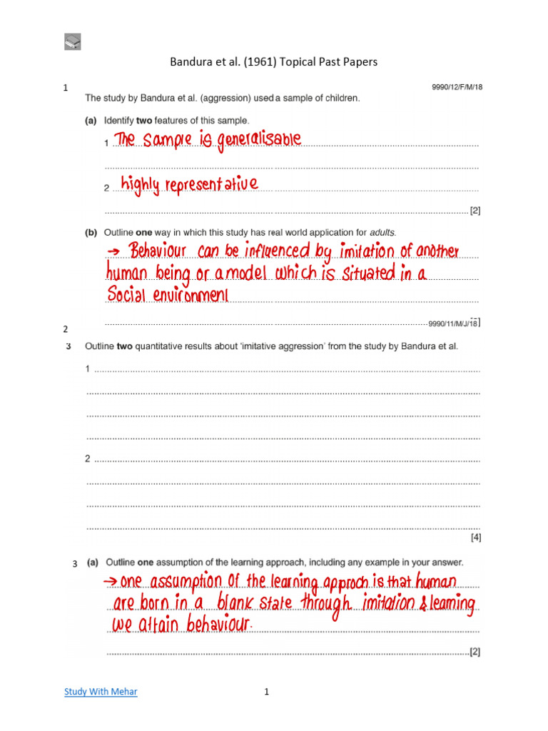 Bandura (1961) Topical Past Papers | PDF | Behavior | Imitation