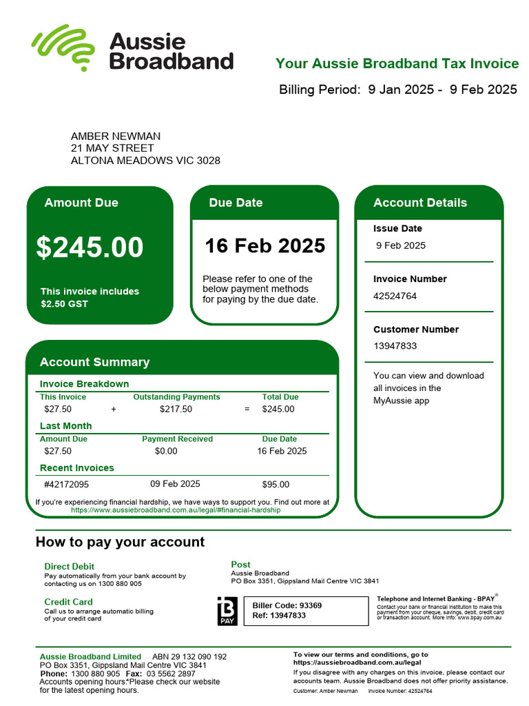 Aussie Broadband Tax Invoice Details | PDF | Invoice | Payments
