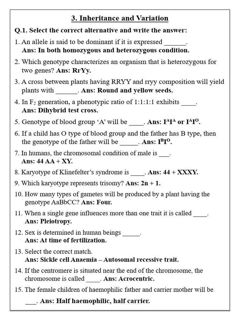 Inheritance and Variation Quiz Answers | PDF | Genotype | Dominance ...