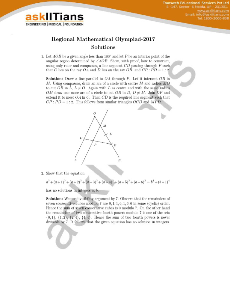 Regional Mathematics Olympiad 2017 | PDF | Circle | Polynomial