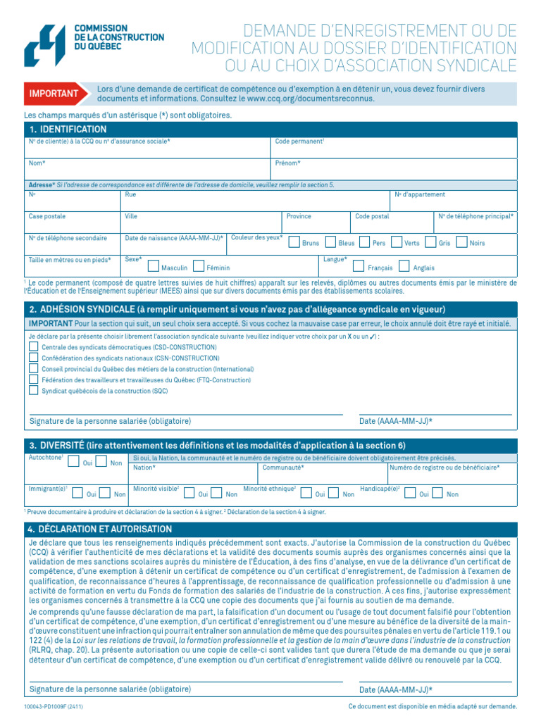 Formulaire d'identification CCQ 2023 | PDF