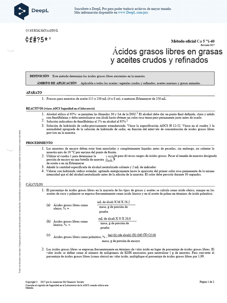 AOCS CA 5a-40 Free Fatty Acids in Crude and Refined Fast and Oil Es | PDF | Petróleo | Química