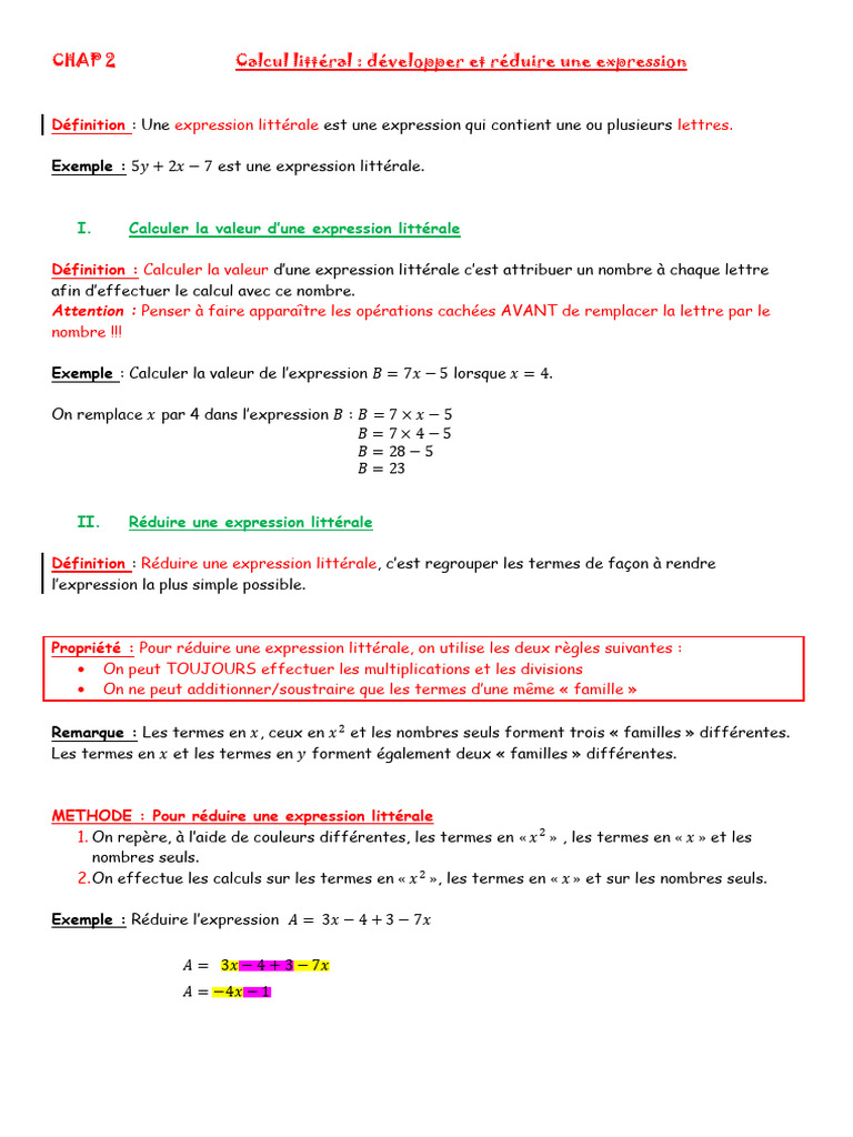 Développer et réduire des expressions | PDF | Mathématiques