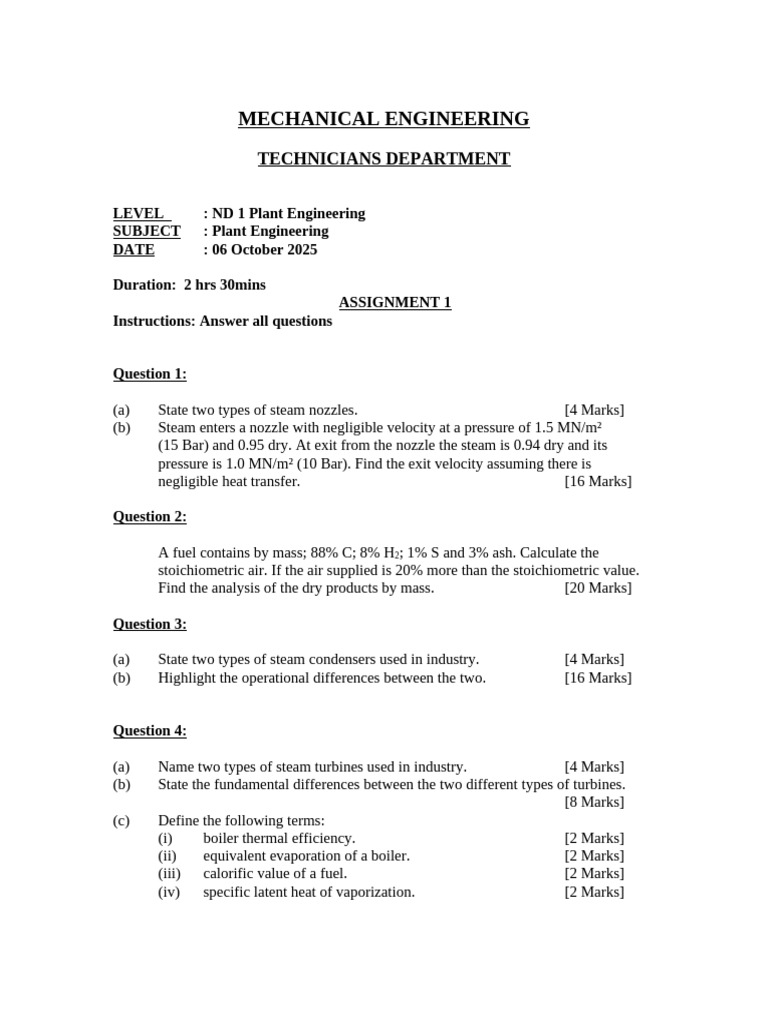 Plant Engineering Assignment Guide | PDF | Boiler | Steam
