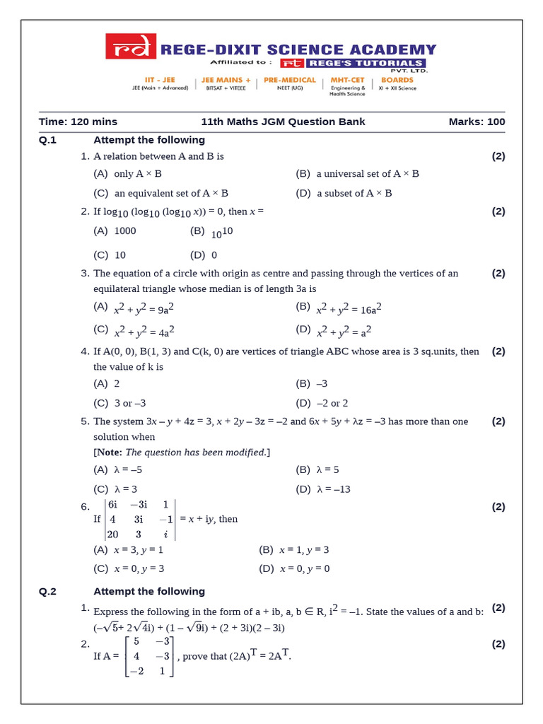 11th Grade Maths JGM Question Bank | PDF | Circle | Area