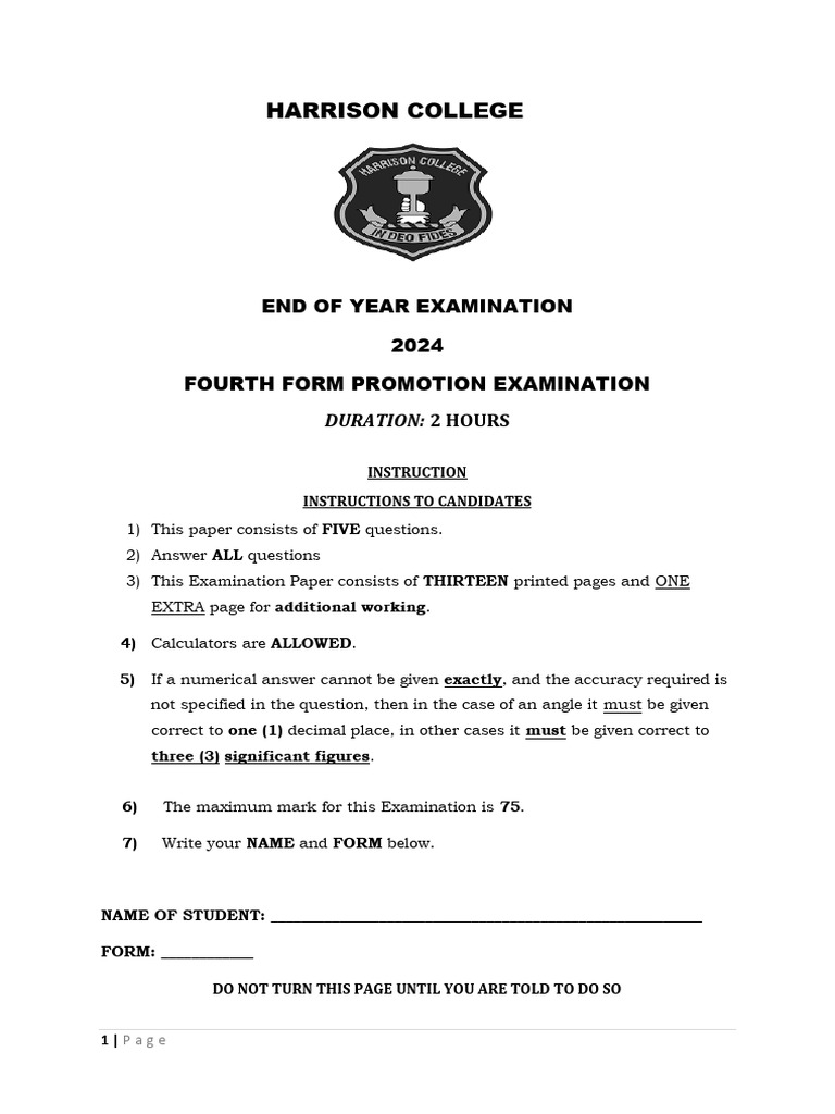 2024 Fourth Form Exam Paper | PDF | Matrix (Mathematics) | Applied ...
