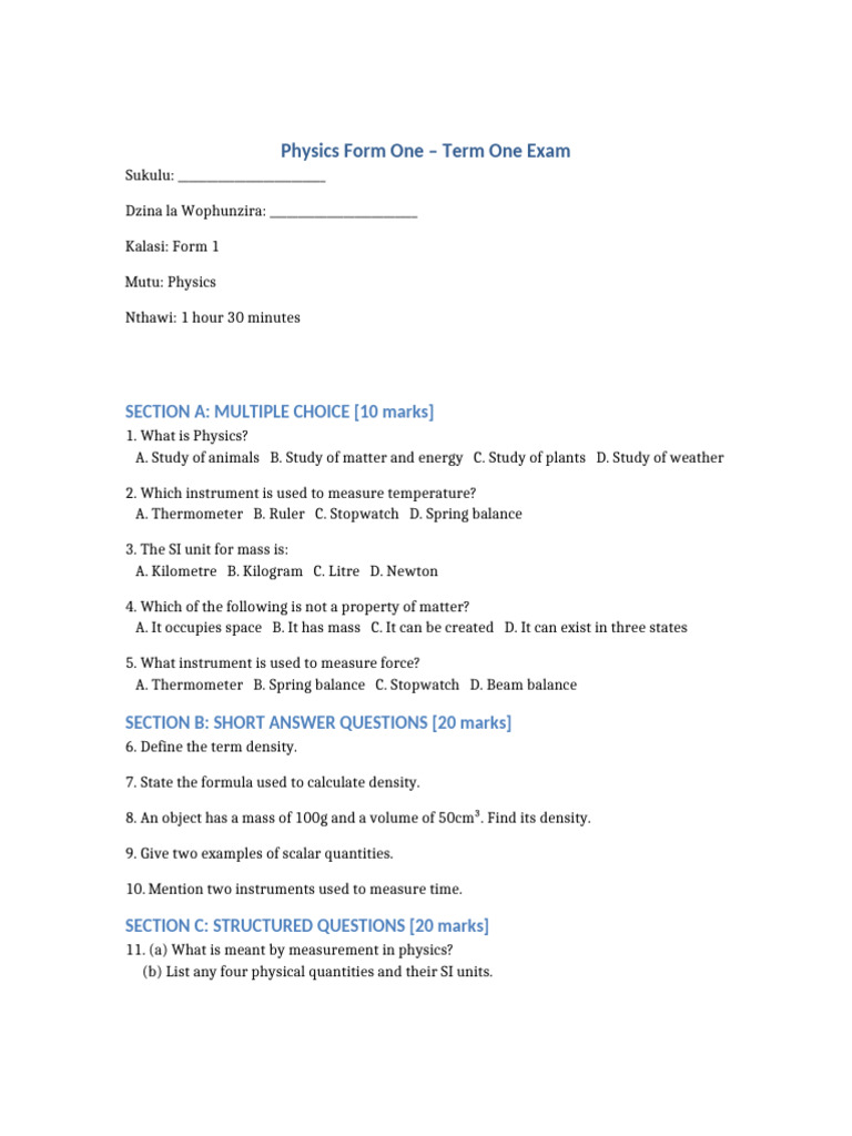 Form One Physics Term One Exam Guide | PDF
