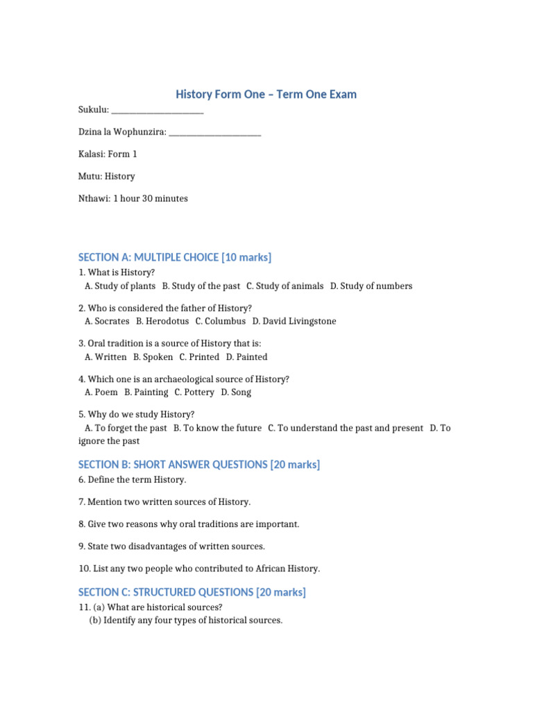 History Form One Term One Exam | PDF