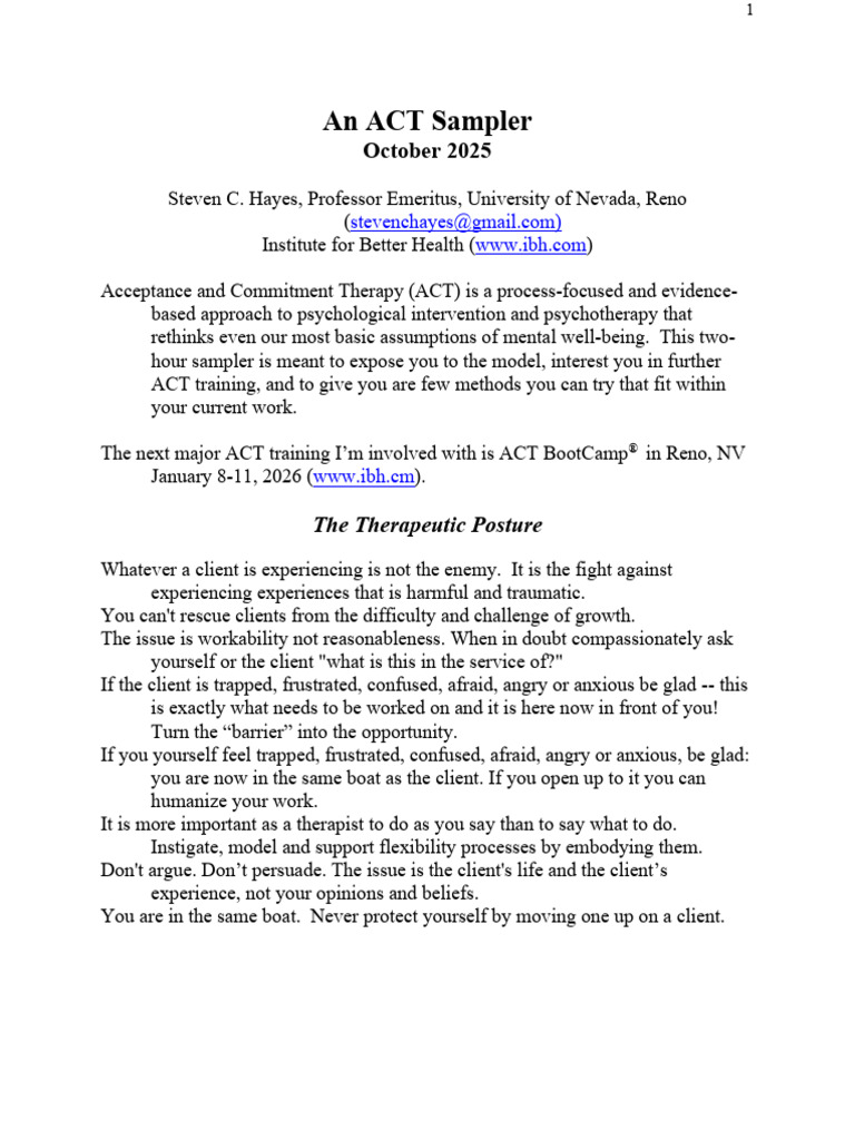 ACT Sampler by Steven Hayes | PDF | Psychotherapy | Thought