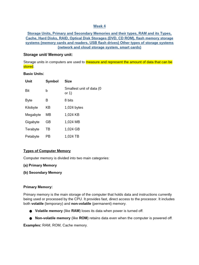 Week 4 - Computer Memory and Storage Systems | PDF | Random Access ...