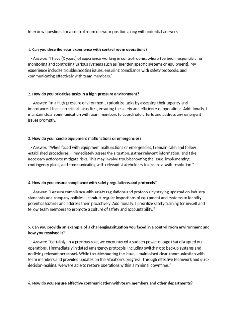 Control Room Operator Interview Guide | PDF | Safety | Regulatory ...