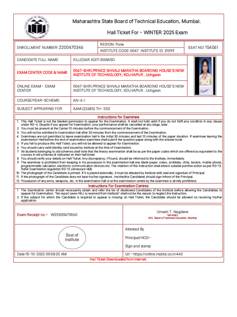 Winter 2025 MSBTE Exam Hall Ticket | PDF