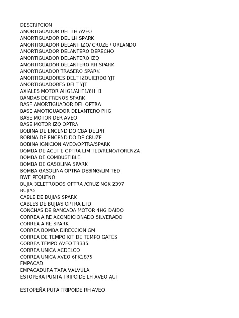 Lista de Repuestos RY | PDF | Motores | Tecnología de vehículos