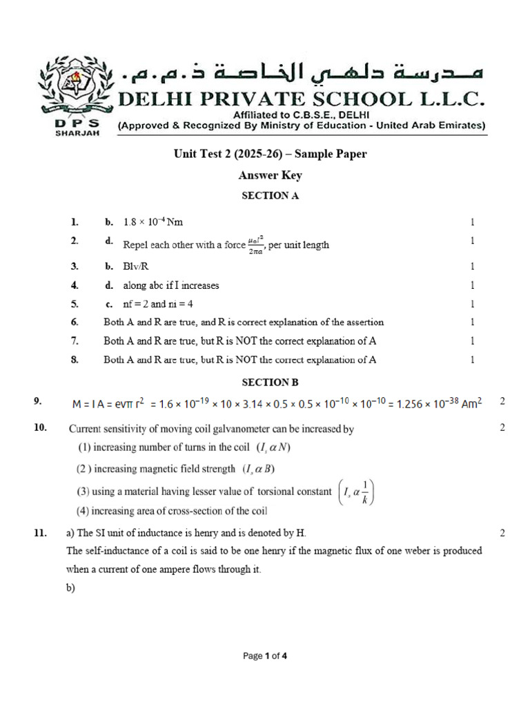 UT2 - Sample Paper - Key | PDF | Inductance | Electrodynamics